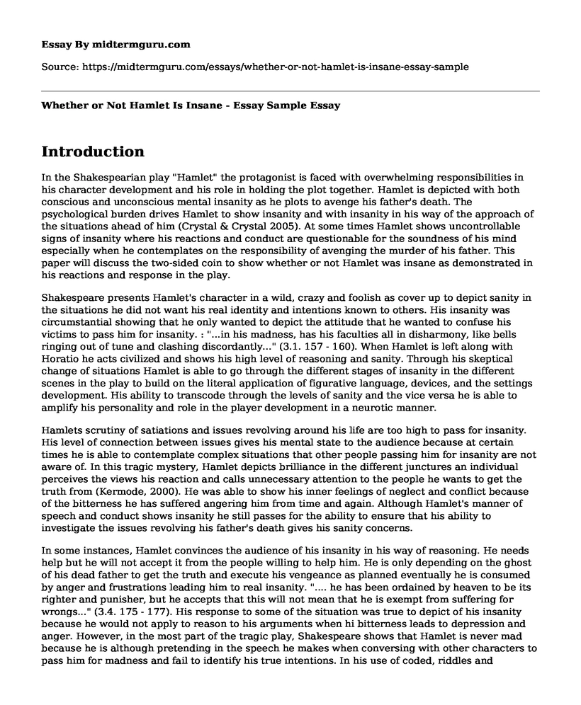  Whether Or Not Hamlet Is Insane Essay Sample Free Essay Term